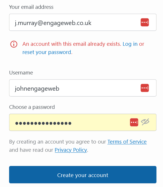 How to get round “an account with this email already exists” | Engage Web